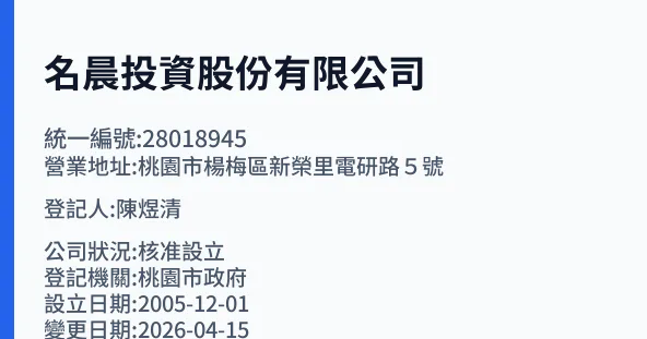 名晨投資股份有限公司的照片-統編 28018945(桃園市) 公司登記資料與營業項目詳細圖表