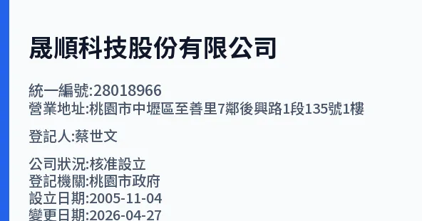 晟順科技股份有限公司的照片-統編 28018966(桃園市) 公司登記資料與營業項目詳細圖表