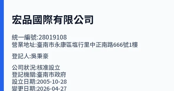 宏品國際有限公司的照片-統編 28019108(臺南市) 公司登記資料與營業項目詳細圖表