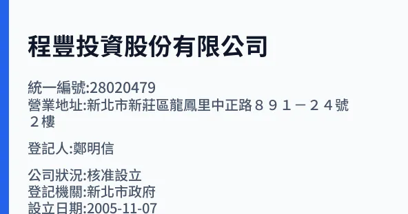 程豐投資股份有限公司的照片-統編 28020479(新北市) 公司登記資料與營業項目詳細圖表
