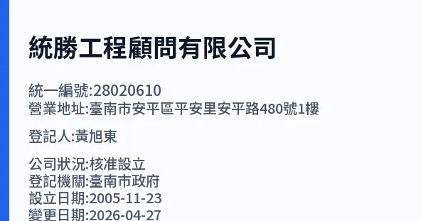 統勝工程顧問有限公司的照片-統編 28020610(臺南市) 公司登記資料與營業項目詳細圖表