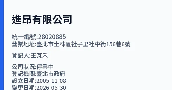 進昂有限公司的照片-統編 28020885(臺北市) 公司登記資料與營業項目詳細圖表