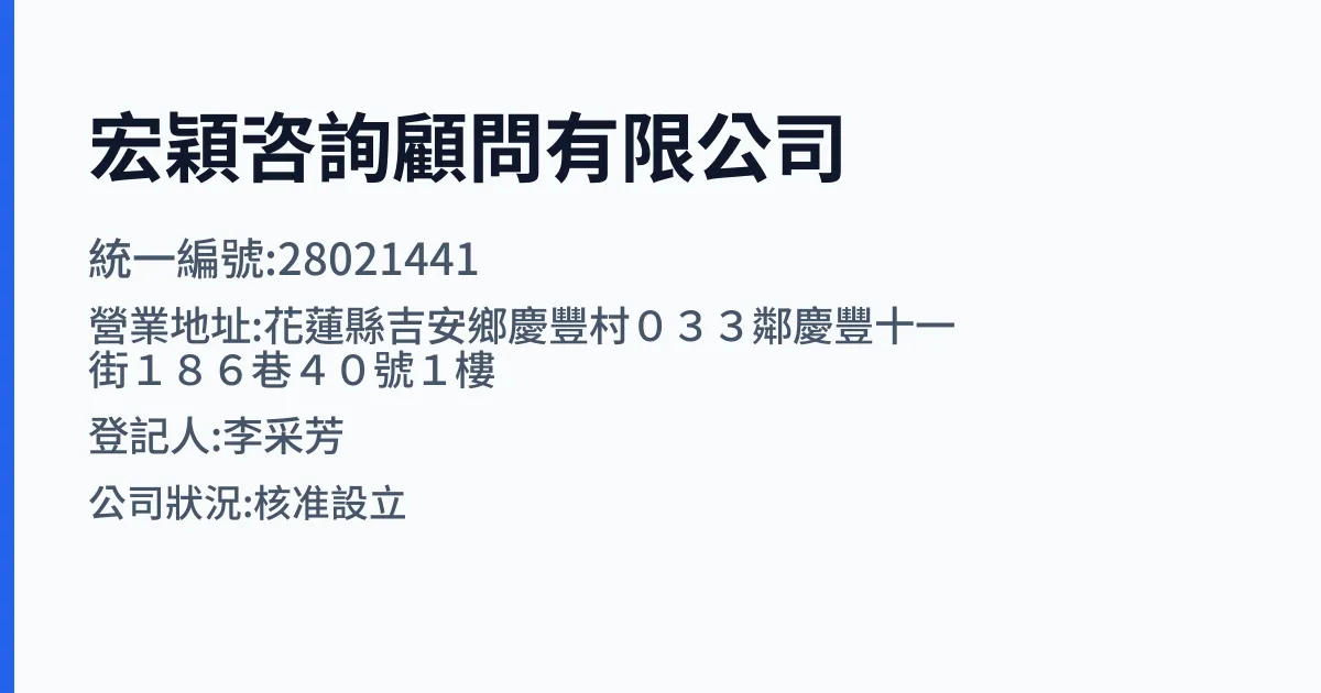 宏穎咨詢顧問有限公司 - 統編 28021441(花蓮縣) 公司登記資料與營業項目詳細圖表