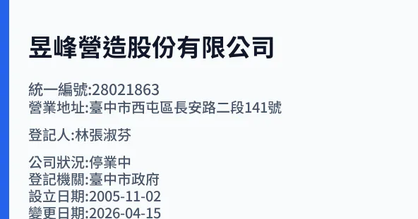 昱峰營造股份有限公司的照片-統編 28021863(臺中市) 公司登記資料與營業項目詳細圖表