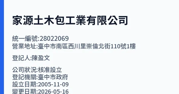 家源土木包工業有限公司的照片-統編 28022069(臺中市) 公司登記資料與營業項目詳細圖表