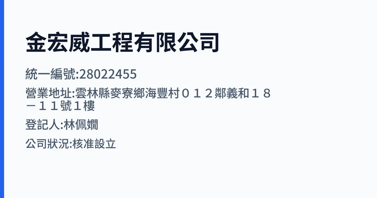 金宏威工程有限公司 - 統編 28022455(雲林縣) 公司登記資料與營業項目詳細圖表