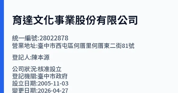 育達文化事業股份有限公司的照片-統編 28022878(臺中市) 公司登記資料與營業項目詳細圖表