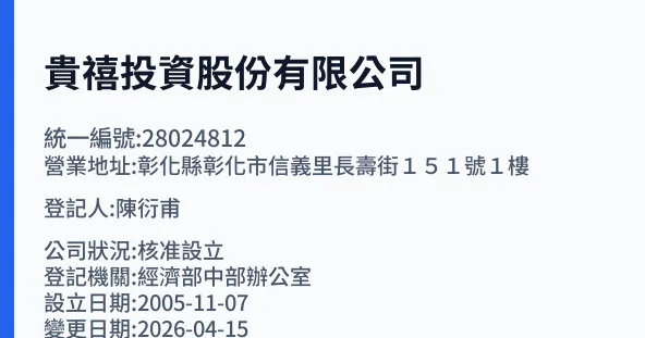 貴禧投資股份有限公司的照片-統編 28024812(彰化縣) 公司登記資料與營業項目詳細圖表