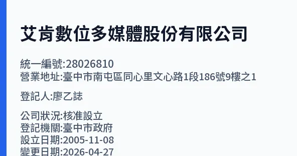 艾肯數位多媒體股份有限公司的照片-統編 28026810(臺中市) 公司登記資料與營業項目詳細圖表