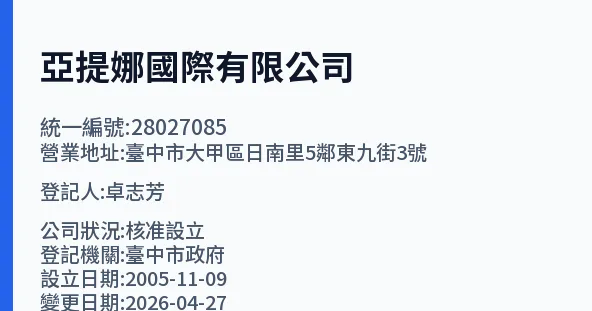 亞提娜國際有限公司的照片-統編 28027085(臺中市) 公司登記資料與營業項目詳細圖表