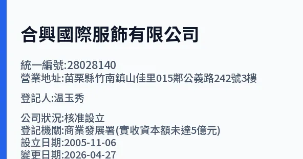合興國際服飾有限公司的照片-統編 28028140(苗栗縣) 公司登記資料與營業項目詳細圖表