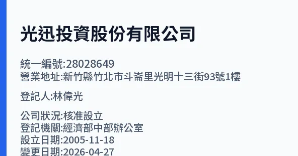 光迅投資股份有限公司的照片-統編 28028649(新竹縣) 公司登記資料與營業項目詳細圖表