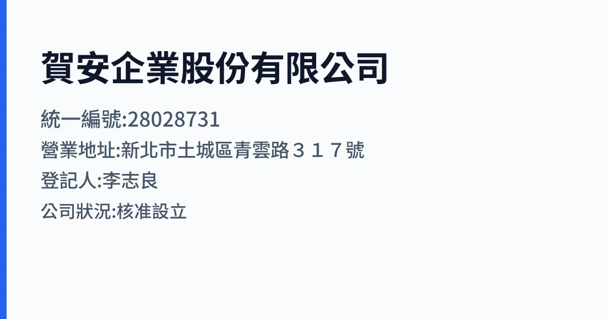 賀安企業股份有限公司 - 統編 28028731（新北市） 公司登記資料與營業項目詳細圖表