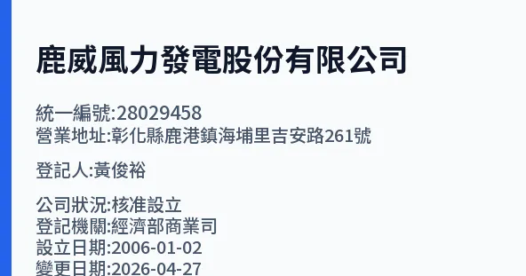 鹿威風力發電股份有限公司的照片-統編 28029458(彰化縣) 公司登記資料與營業項目詳細圖表