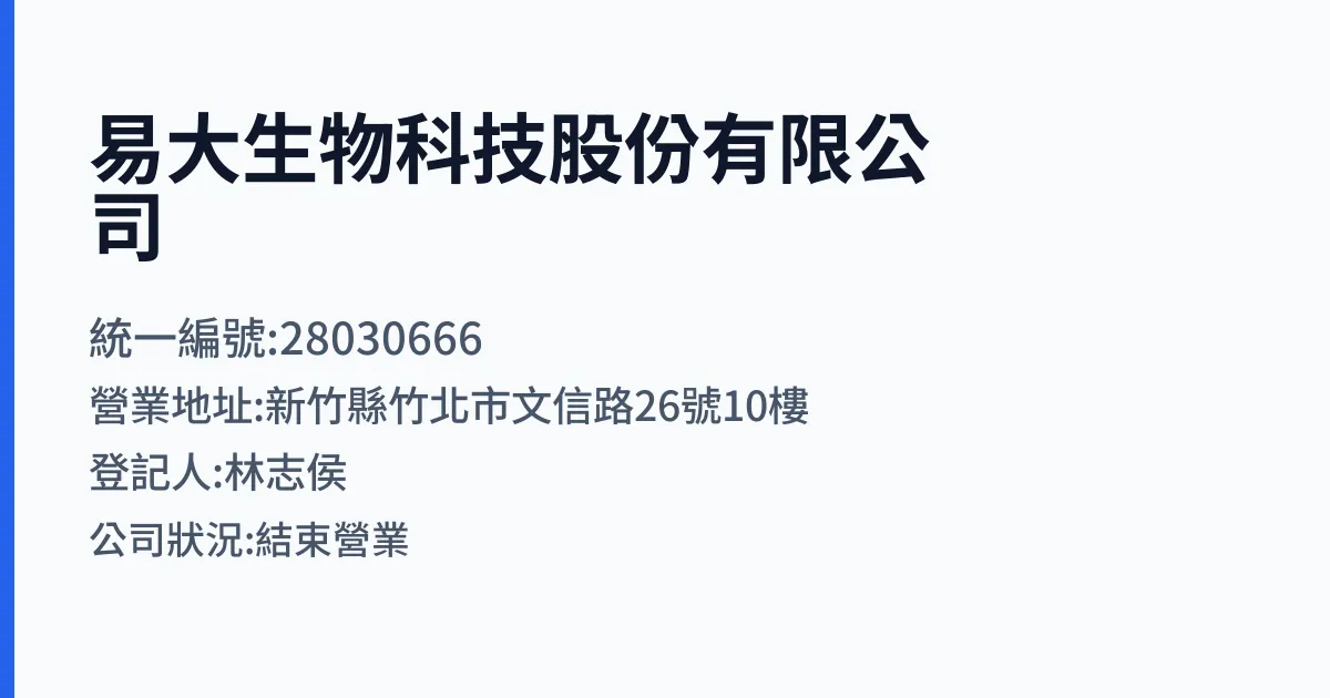 易大生物科技股份有限公司 - 統編 28030666(新竹縣) 公司登記資料與營業項目詳細圖表