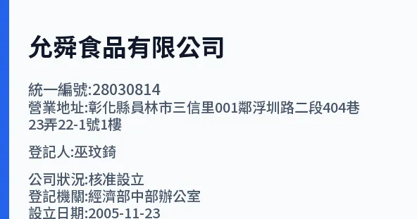 允舜食品有限公司的照片-統編 28030814(彰化縣) 公司登記資料與營業項目詳細圖表