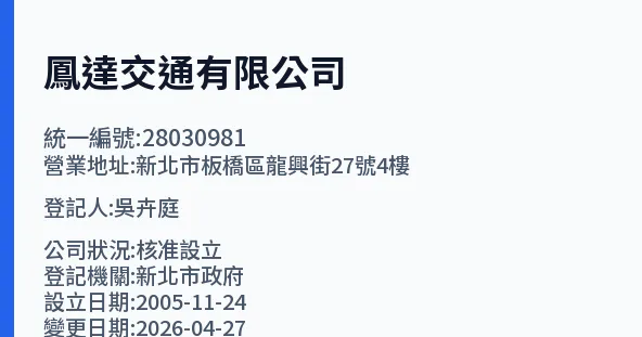 鳳達交通有限公司的照片-統編 28030981(新北市) 公司登記資料與營業項目詳細圖表
