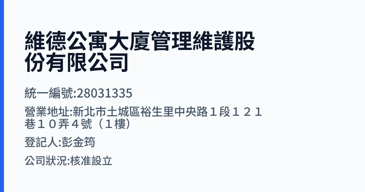 維德公寓大廈管理維護股份有限公司 - 統編 28031335 (新北市) 公司登記資料與營業項目詳細圖表