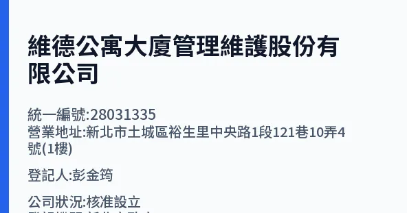維德公寓大廈管理維護股份有限公司的照片-統編 28031335(新北市) 公司登記資料與營業項目詳細圖表