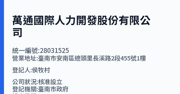 萬通國際人力開發股份有限公司的照片-統編 28031525(臺南市) 公司登記資料與營業項目詳細圖表