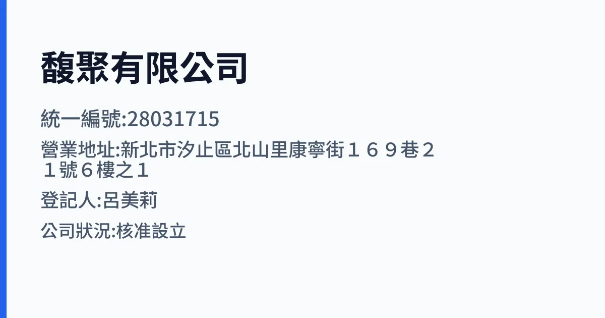 馥聚有限公司 - 統編 28031715(新北市) 公司登記資料與營業項目詳細圖表