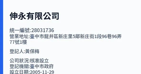 伸永有限公司的照片-統編 28031736(臺中市) 公司登記資料與營業項目詳細圖表
