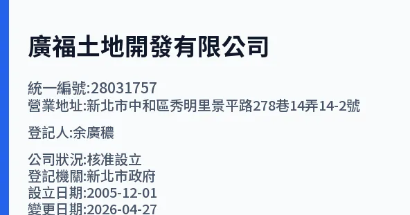 廣福土地開發有限公司的照片-統編 28031757(新北市) 公司登記資料與營業項目詳細圖表