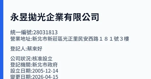 永昱拋光企業有限公司的照片-統編 28031813(新北市) 公司登記資料與營業項目詳細圖表
