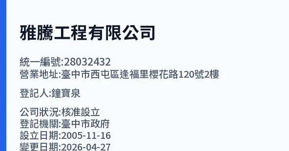 雅騰工程有限公司的照片-統編 28032432(臺中市) 公司登記資料與營業項目詳細圖表