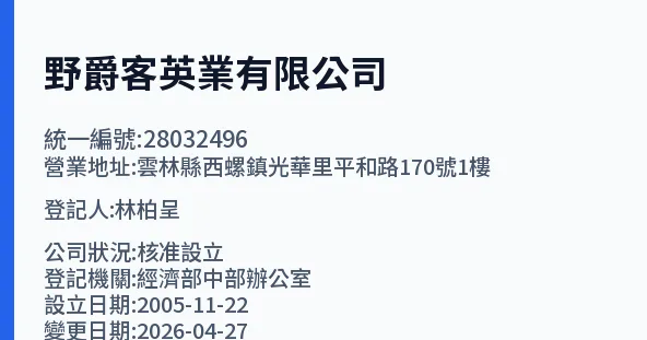 野爵客英業有限公司的照片-統編 28032496(雲林縣) 公司登記資料與營業項目詳細圖表