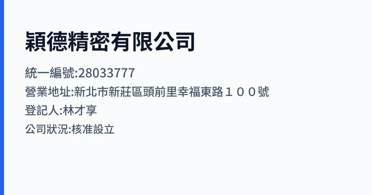 穎德精密有限公司 - 統編 28033777(新北市) 公司登記資料與營業項目詳細圖表