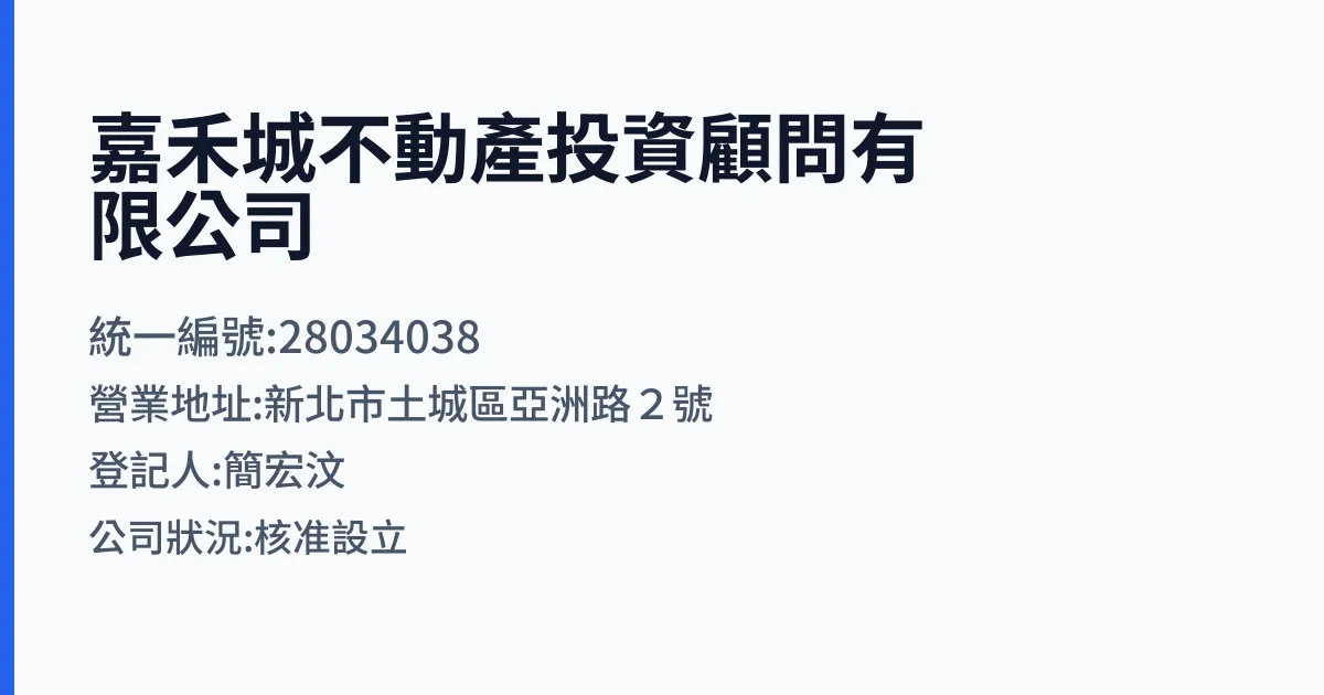 嘉禾城不動產投資顧問有限公司 - 統編 28034038(新北市) 公司登記資料與營業項目詳細圖表