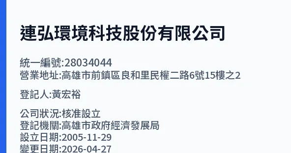 連弘環境科技股份有限公司的照片-統編 28034044(高雄市) 公司登記資料與營業項目詳細圖表