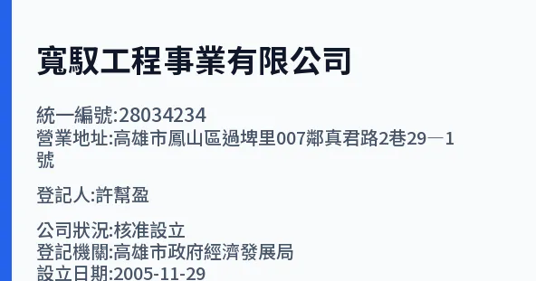 寬馭工程事業有限公司的照片-統編 28034234(高雄市) 公司登記資料與營業項目詳細圖表