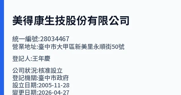 美得康生技股份有限公司的照片-統編 28034467(臺中市) 公司登記資料與營業項目詳細圖表