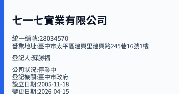 七一七實業有限公司的照片-統編 28034570(臺中市) 公司登記資料與營業項目詳細圖表