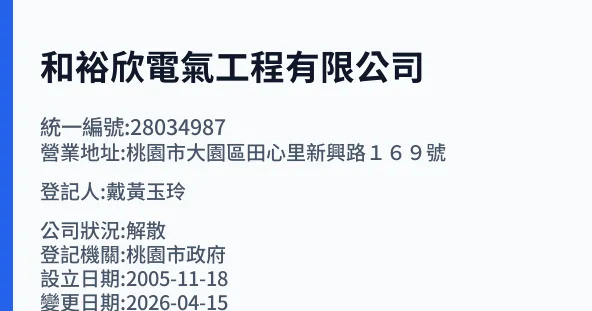 和裕欣電氣工程有限公司的照片-統編 28034987(桃園市) 公司登記資料與營業項目詳細圖表