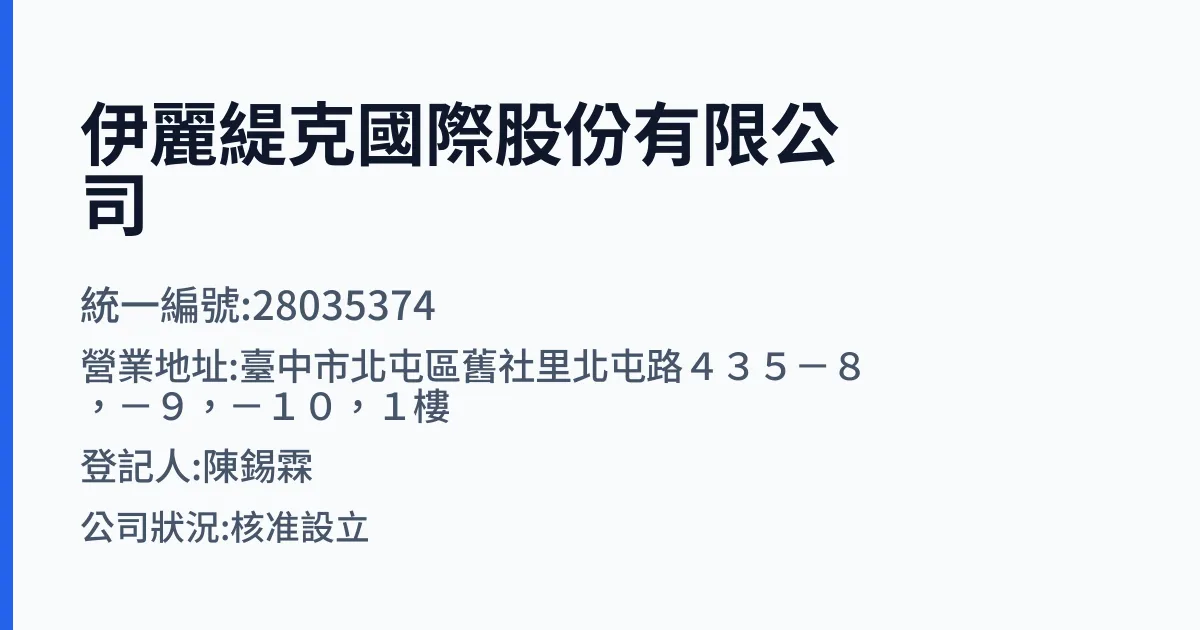 伊麗緹克國際股份有限公司 - 統編 28035374(臺中市) 公司登記資料與營業項目詳細圖表