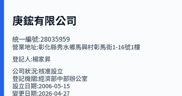 庚鋐有限公司的照片-統編 28035959(彰化縣) 公司登記資料與營業項目詳細圖表