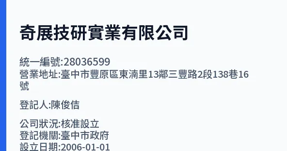 奇展技研實業有限公司的照片-統編 28036599(臺中市) 公司登記資料與營業項目詳細圖表