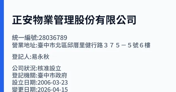 正安物業管理股份有限公司的照片-統編 28036789(臺中市) 公司登記資料與營業項目詳細圖表