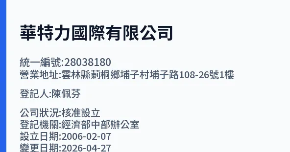 華特力國際有限公司的照片-統編 28038180(雲林縣) 公司登記資料與營業項目詳細圖表