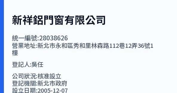 新祥鋁門窗有限公司的照片-統編 28038626(新北市) 公司登記資料與營業項目詳細圖表