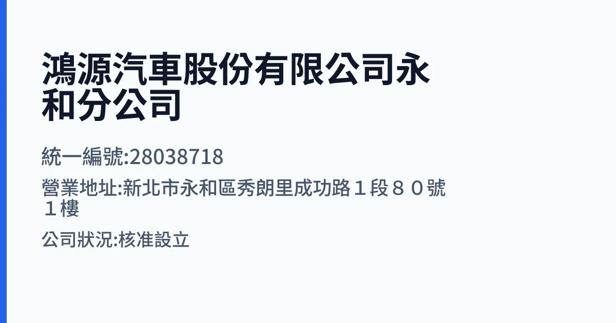 鴻源汽車股份有限公司永和分公司 - 統編 28038718(新北市) 公司登記資料與營業項目詳細圖表