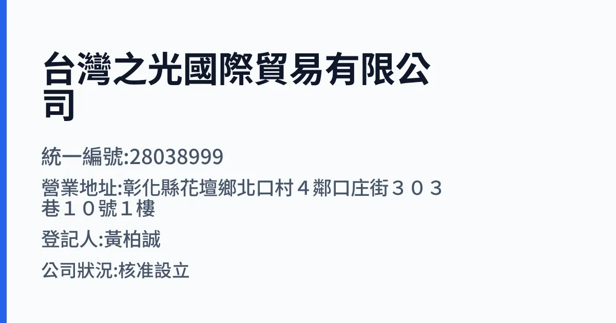 台灣之光國際貿易有限公司 - 統編 28038999(彰化縣) 公司登記資料與營業項目詳細圖表