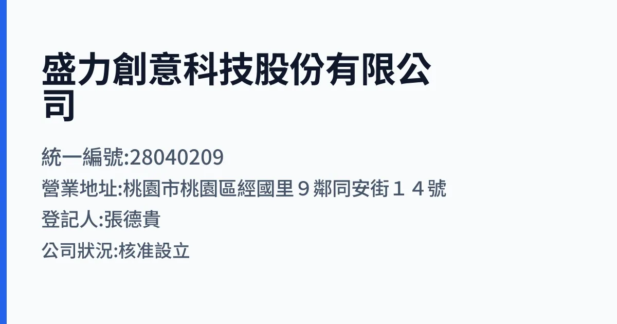 盛力創意科技股份有限公司 - 統編 28040209(桃園市) 公司登記資料與營業項目詳細圖表