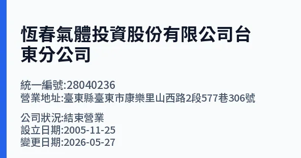 恆春氣體投資股份有限公司台東分公司的照片-統編 28040236(臺東縣) 公司登記資料與營業項目詳細圖表