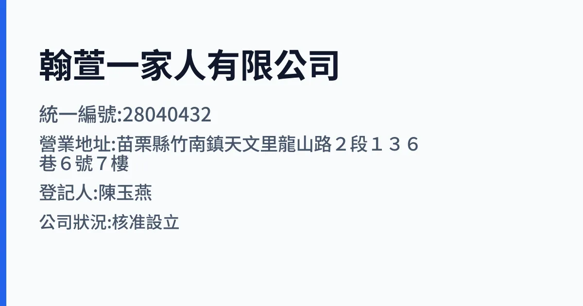 翰萱一家人有限公司 - 統編 28040432(苗栗縣) 公司登記資料與營業項目詳細圖表