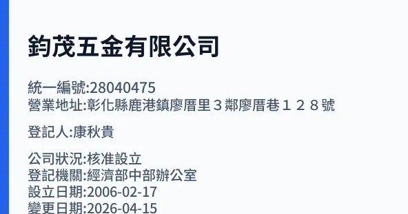 鈞茂五金有限公司的照片-統編 28040475(彰化縣) 公司登記資料與營業項目詳細圖表