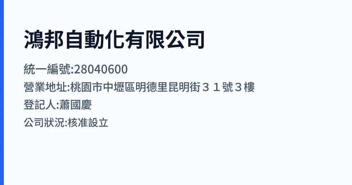 鴻邦自動化有限公司 - 統編 28040600(桃園市) 公司登記資料與營業項目詳細圖表